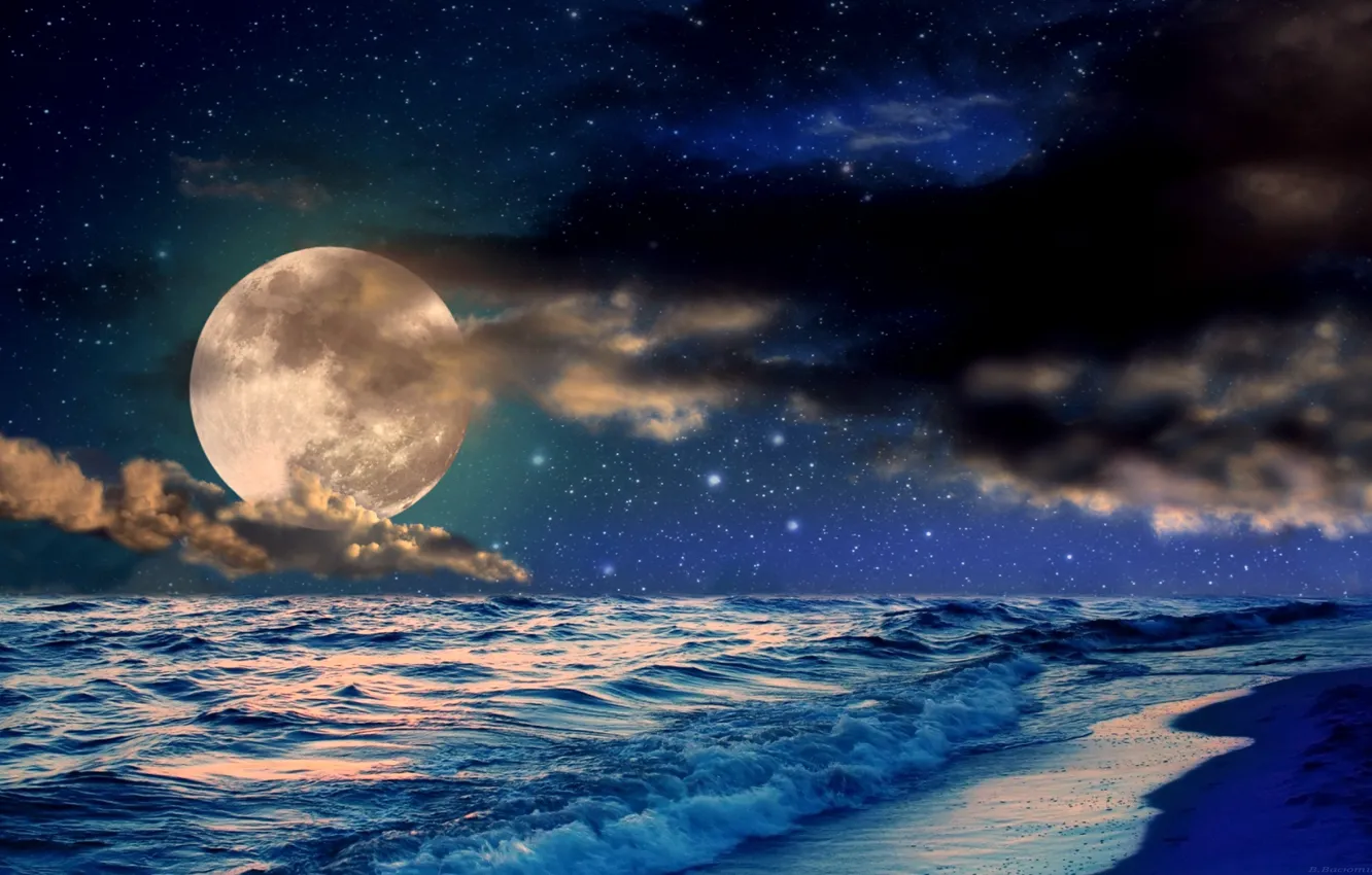 Wallpaper sea, clouds, the moon, the evening, surf for mobile and ...