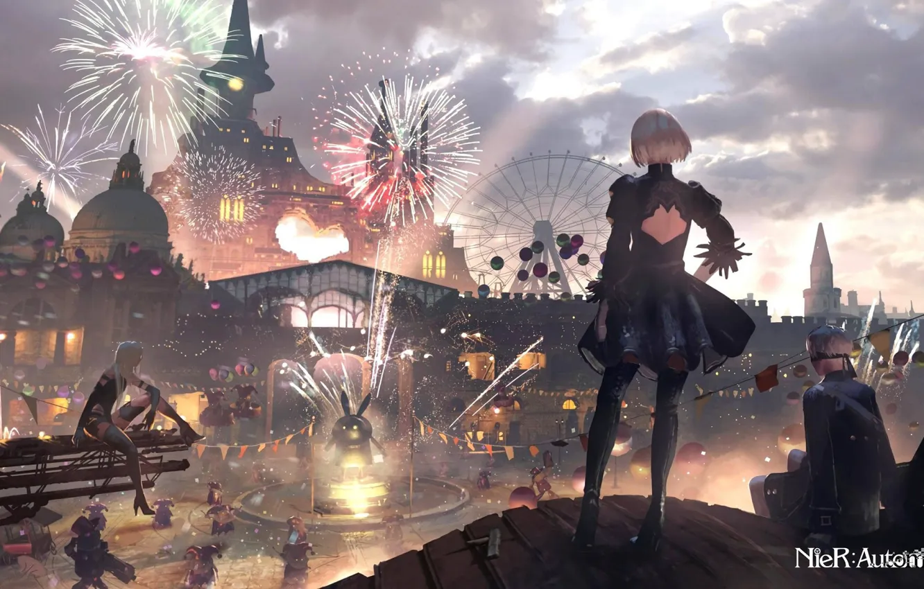 Wallpaper the city, salute, the evening, fireworks, nier, NieR ...