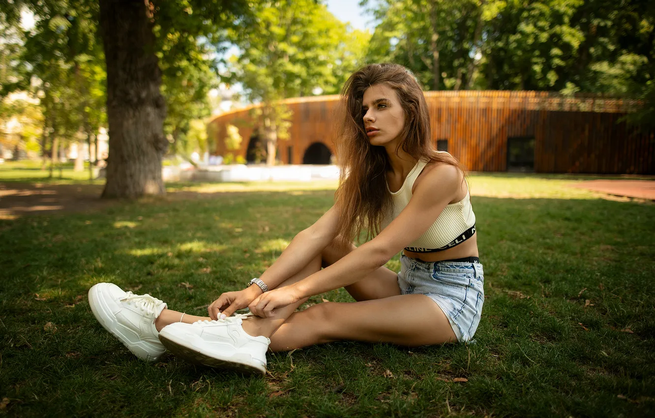 Wallpaper grass, shorts, legs, model, women, brunette, sneakers, Dmitry Shulgin for mobile and ...