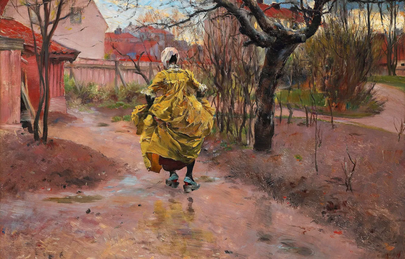 Wallpaper road, trees, home, picture, dress, a woman, Carl Olof Larsson ...