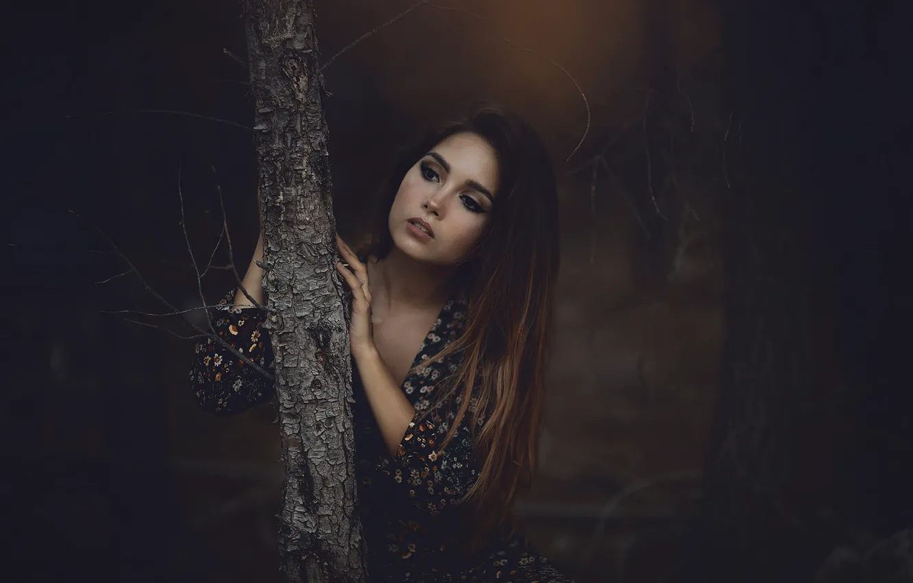 Wallpaper forest, girl, trees, face, trunk for mobile and desktop ...