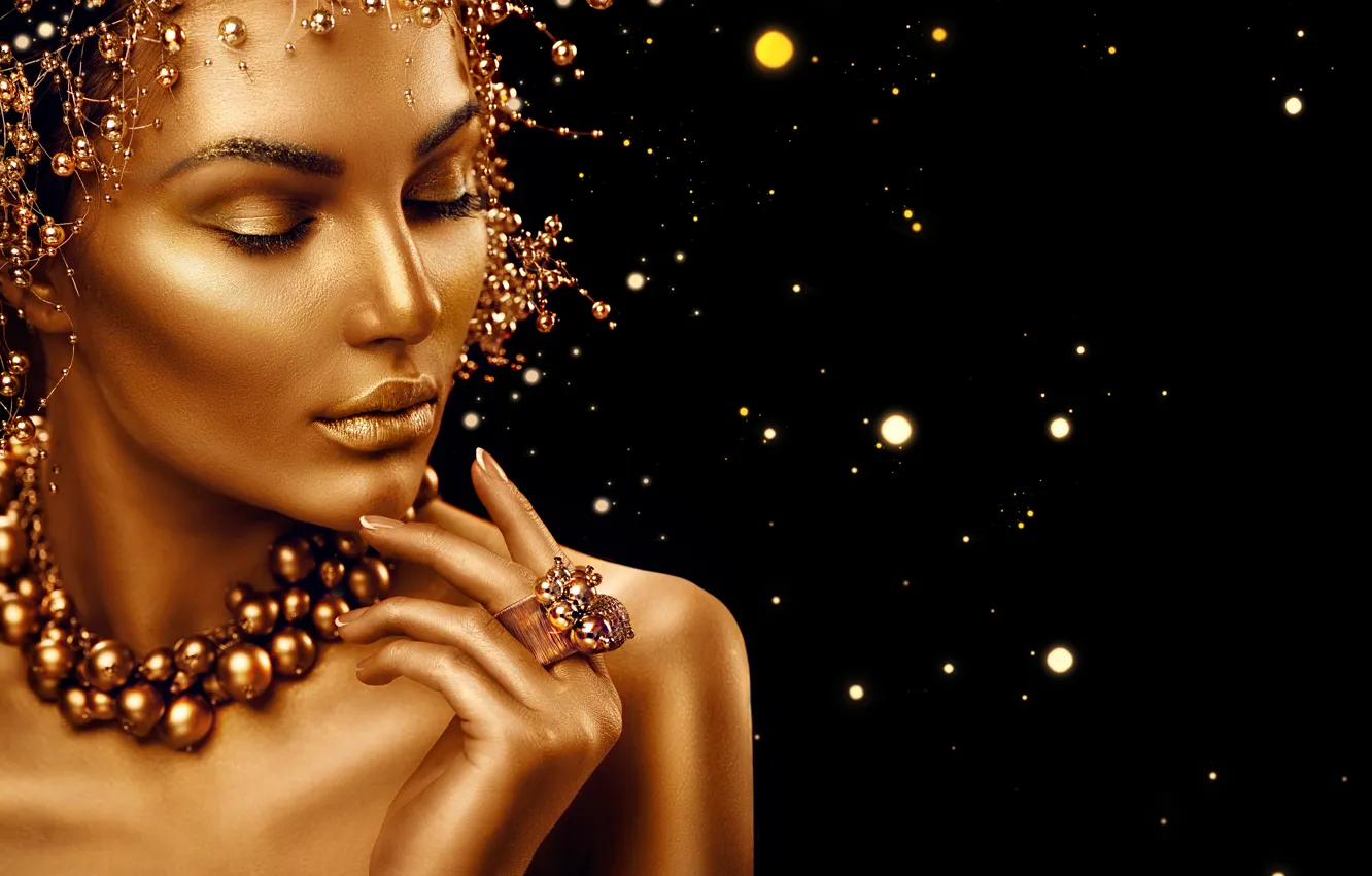 Wallpaper Girl Eyelashes Gold Model Hair Hand Ring Beads For