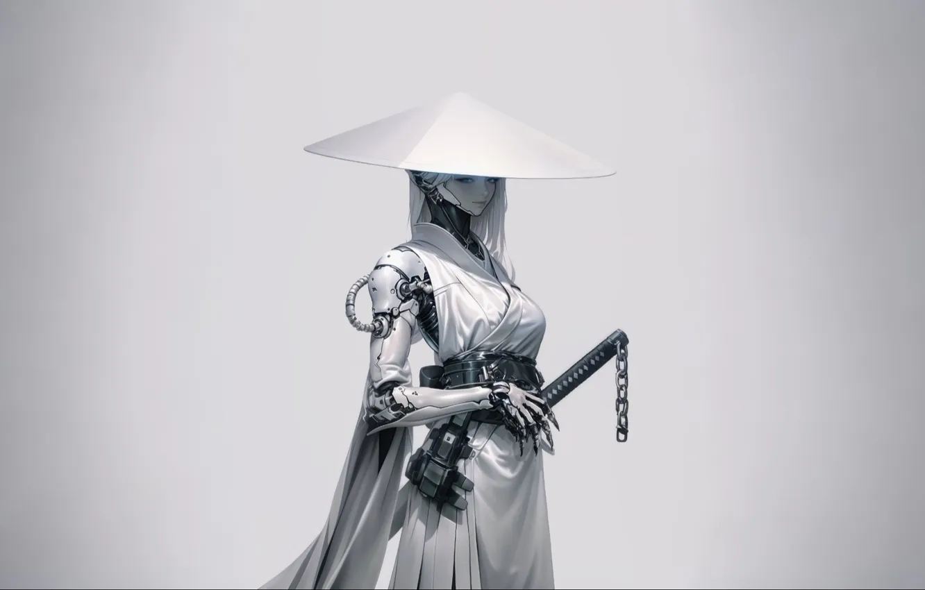 Wallpaper science fiction, samurai, cyborg, anime girls, white hair ...