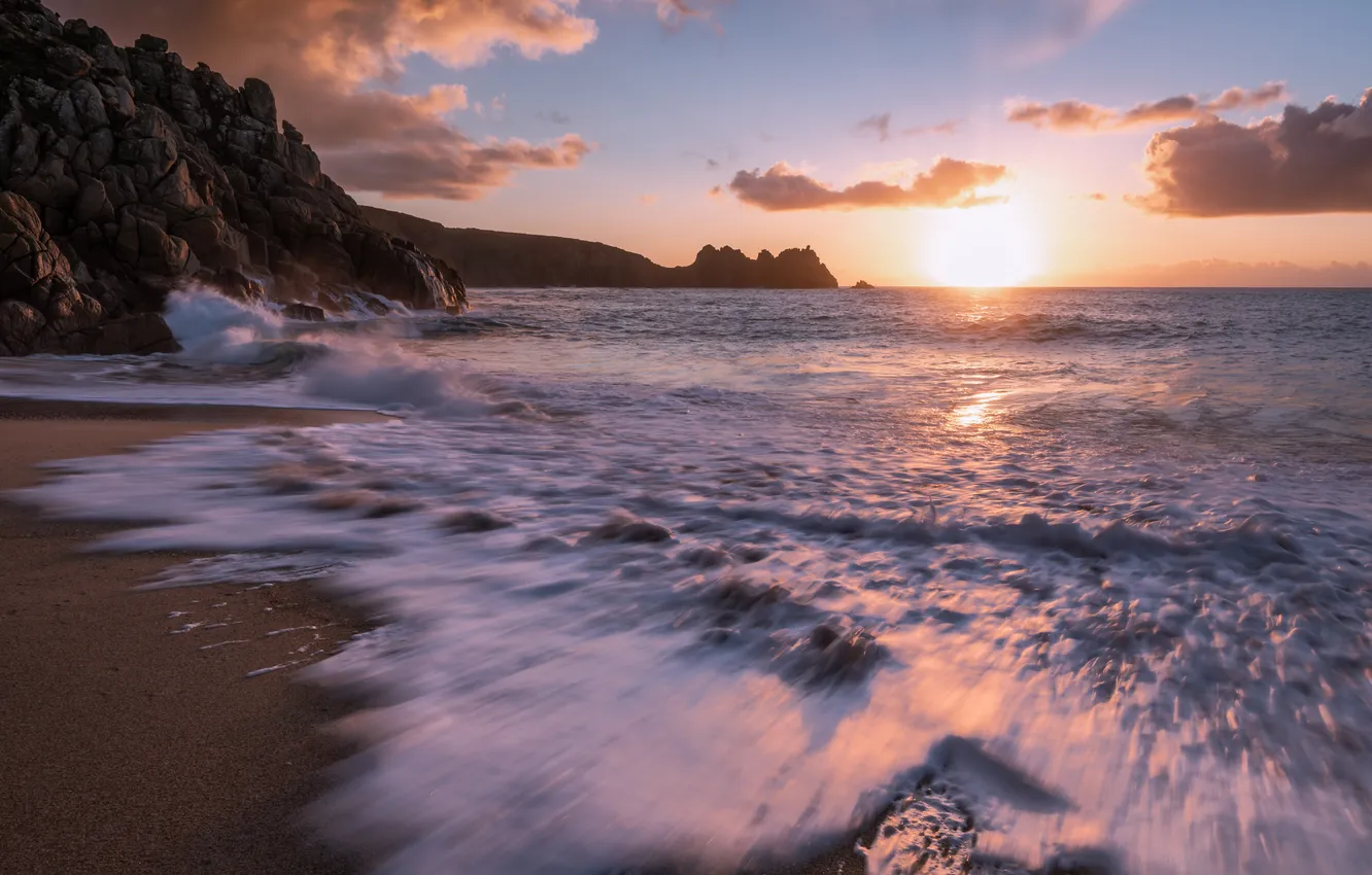 Wallpaper sand, sea, wave, beach, the sun, rocks, dawn, shore for ...