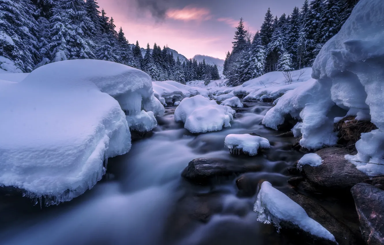 Wallpaper winter, snow, landscape, mountains, nature, river, stones ...