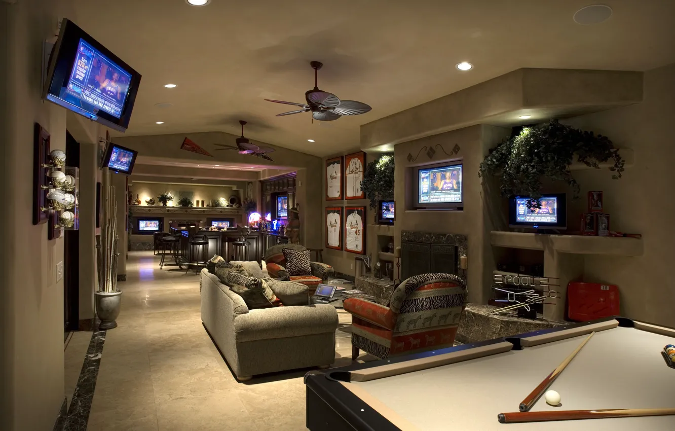 Wallpaper room, sofa, bar, Billiards, chairs, fireplace, game, stand ...