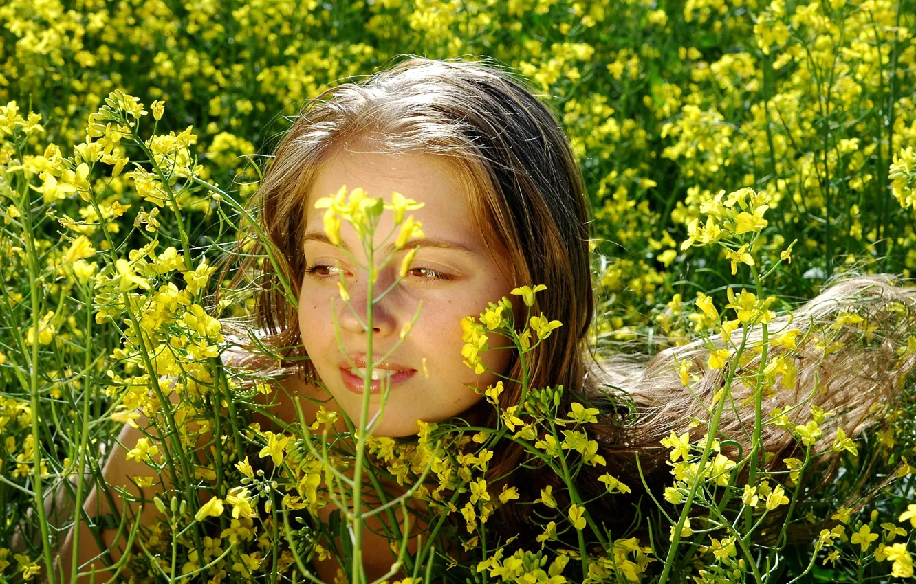 Wallpaper girl, long hair, brown eyes, nature, smile, flowers, beautiful, pretty for mobile and ...