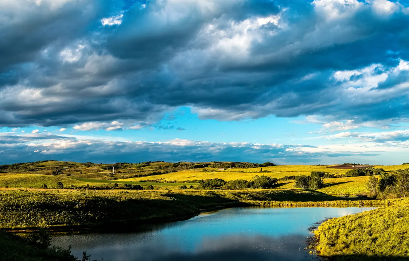Wallpaper the sky, clouds, pond, field, Canada, Alberta, meadows ...