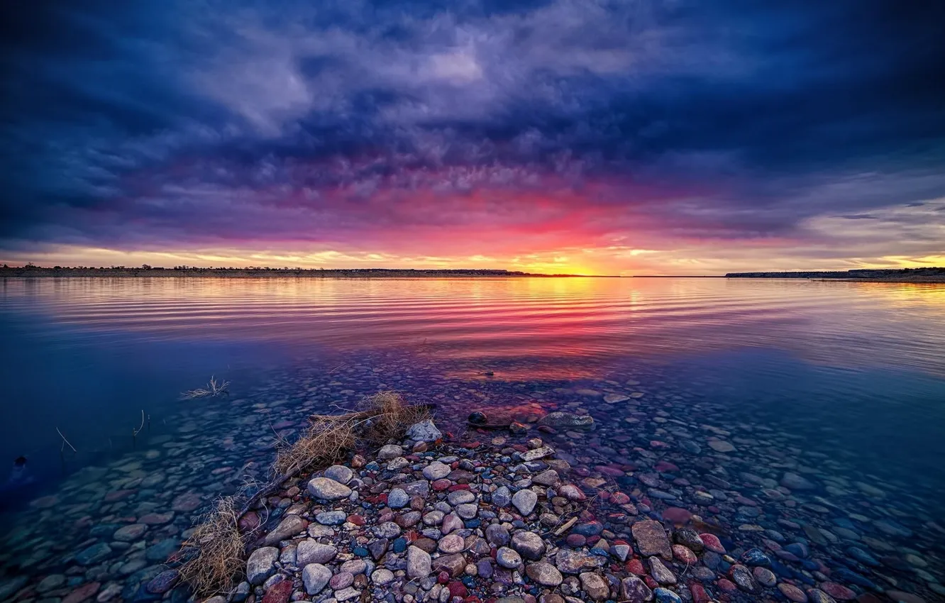 Wallpaper the sky, lake, stones, dawn, Lars Leber for mobile and ...
