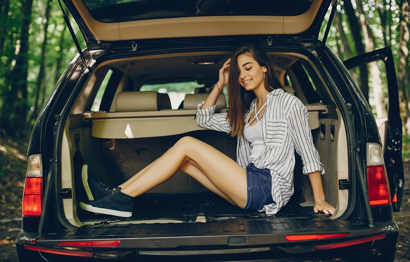 Wallpaper car, girl, shorts, beautiful, cute, sneakers for mobile and ...