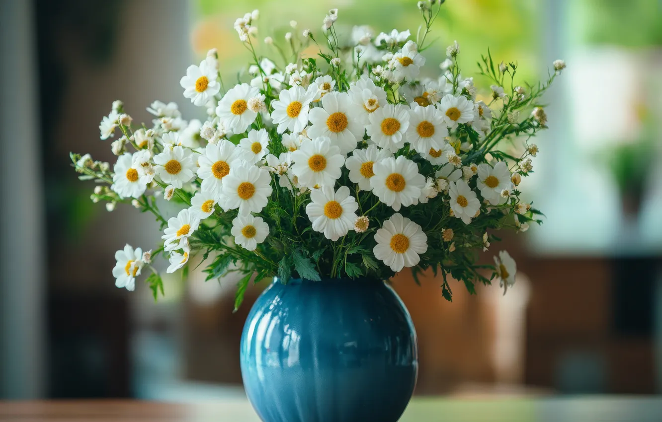 Wallpaper flowers, table, chamomile, bouquet, vase, white, bokeh, AI art for mobile and desktop ...