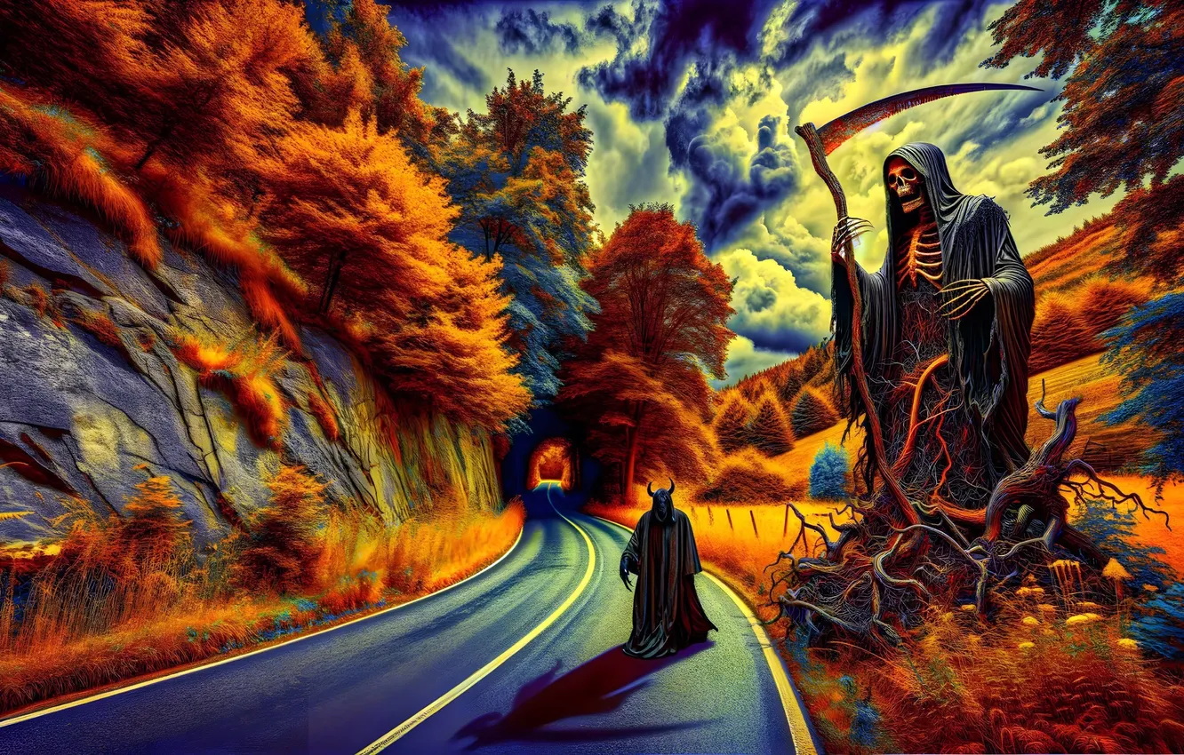 Wallpaper road, autumn, death, the demon, fantasy, braid for mobile and ...