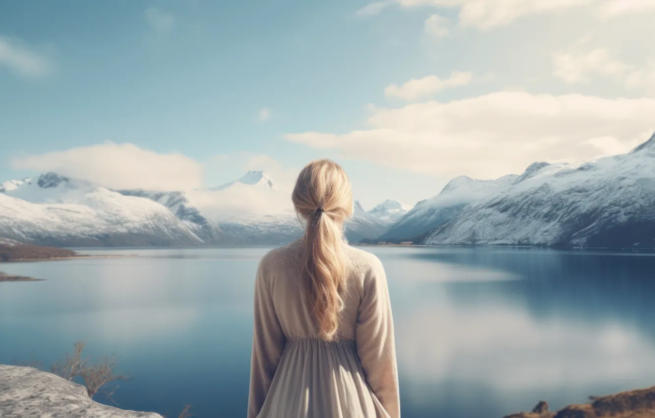 Wallpaper cold, winter, girl, snow, mountains, nature, back, view for ...