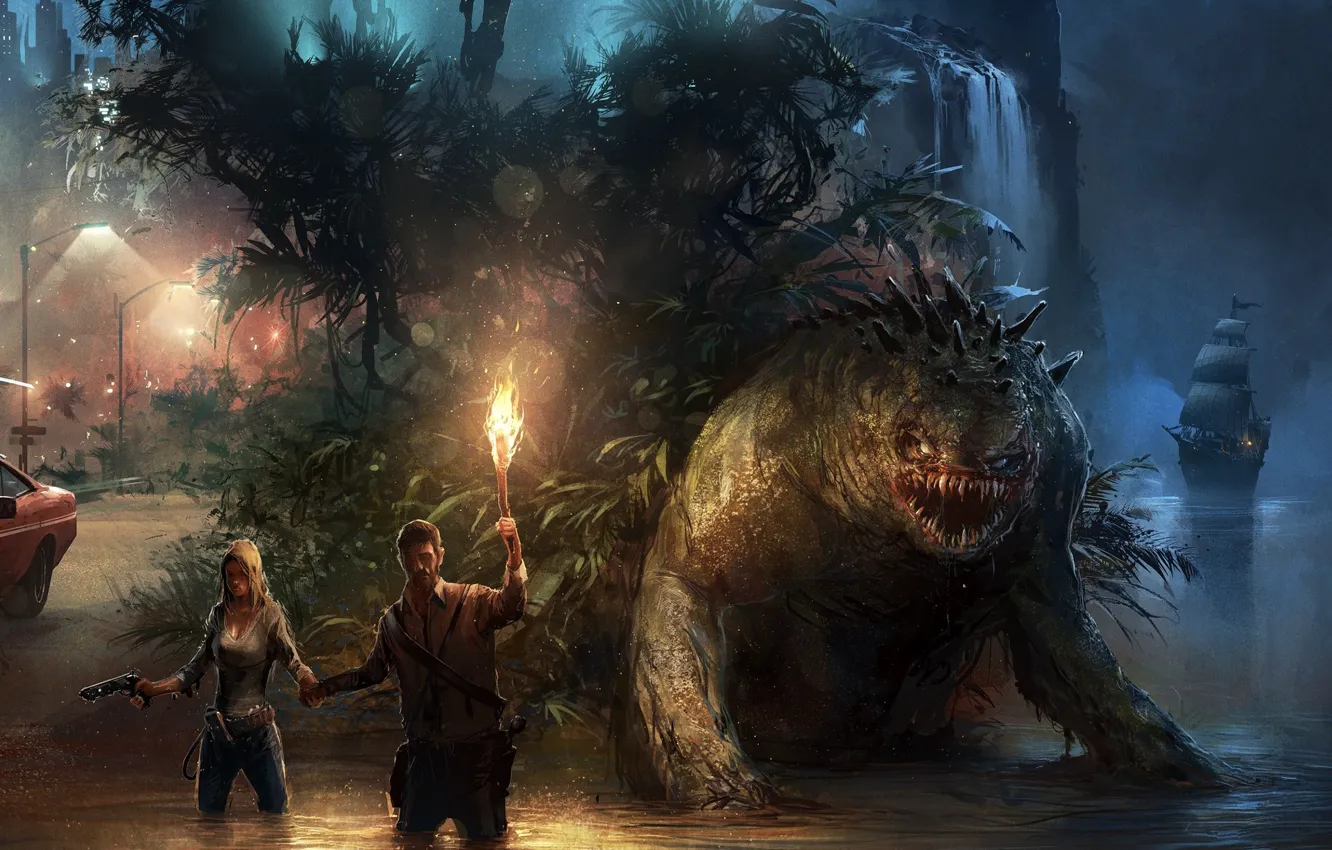 Wallpaper people, ship, waterfall, monster, Fredrikstad Cinema wall ...