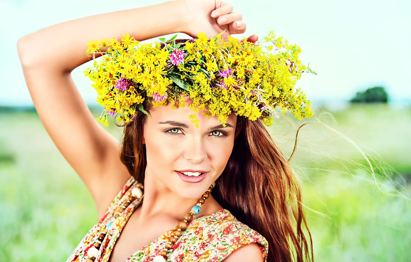 Wallpaper Field Summer Girl Flowers Chamomile Yellow Dress Beads