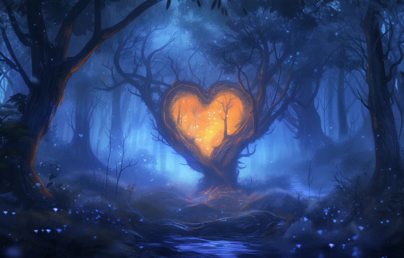 Wallpaper light, fantasy, forest, heart for mobile and desktop, section ...