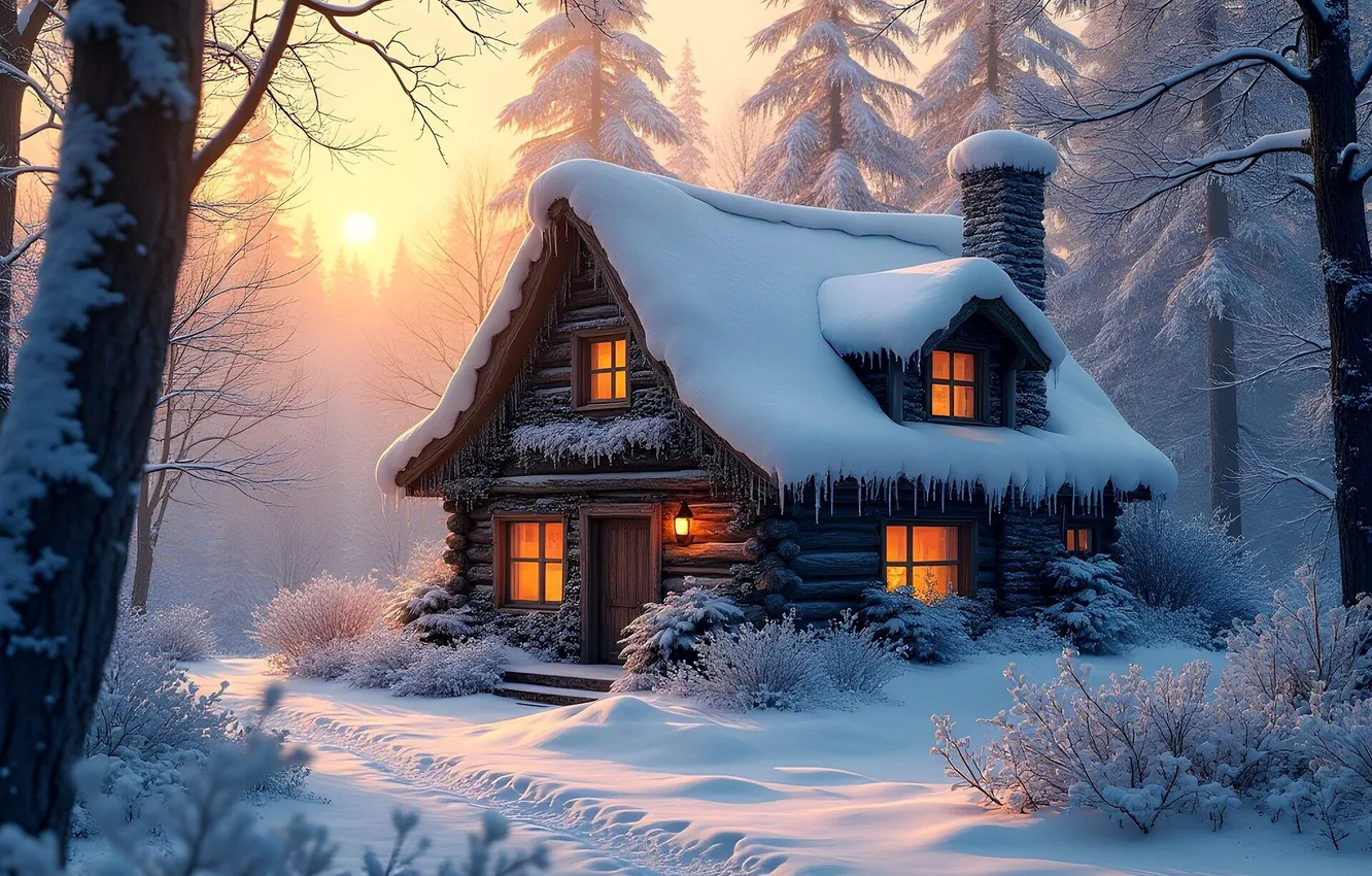 Wallpaper house, forest, sunset, winter, snow, sunrise, wooden, cottage ...