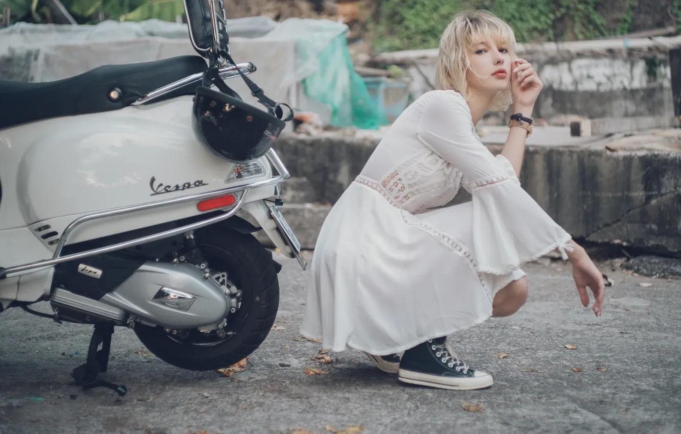 Wallpaper dress, motorcycle, short hair, model, women, blonde, pearls ...