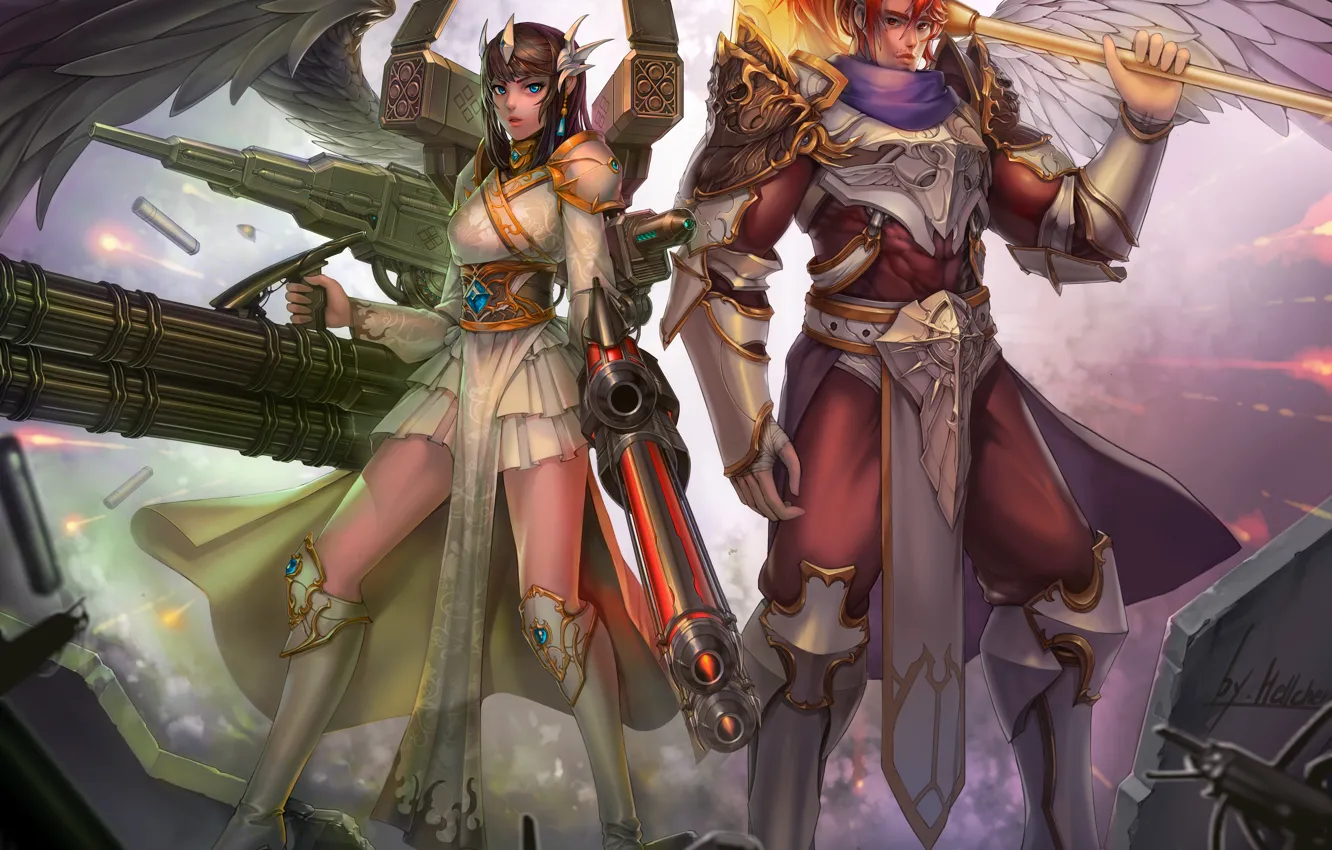 Wallpaper girl, weapons, fiction, wings, angels, warrior, male, machine ...