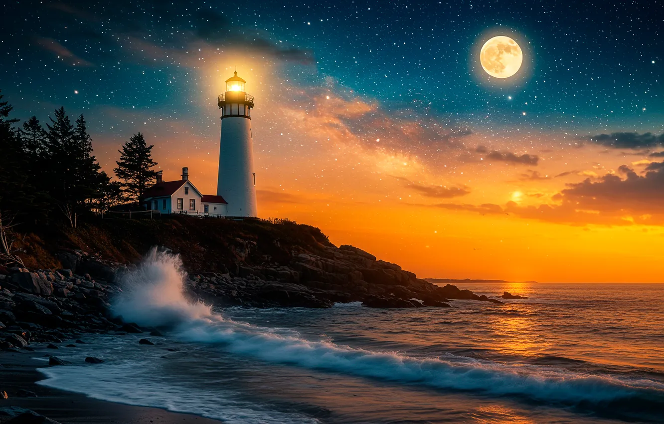 Wallpaper wave, night, the moon, lighthouse for mobile and desktop ...