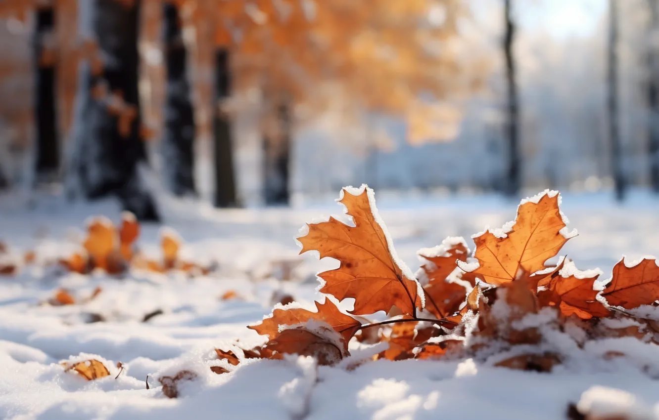 Wallpaper winter, autumn, leaves, snow, background, maple, close-up ...