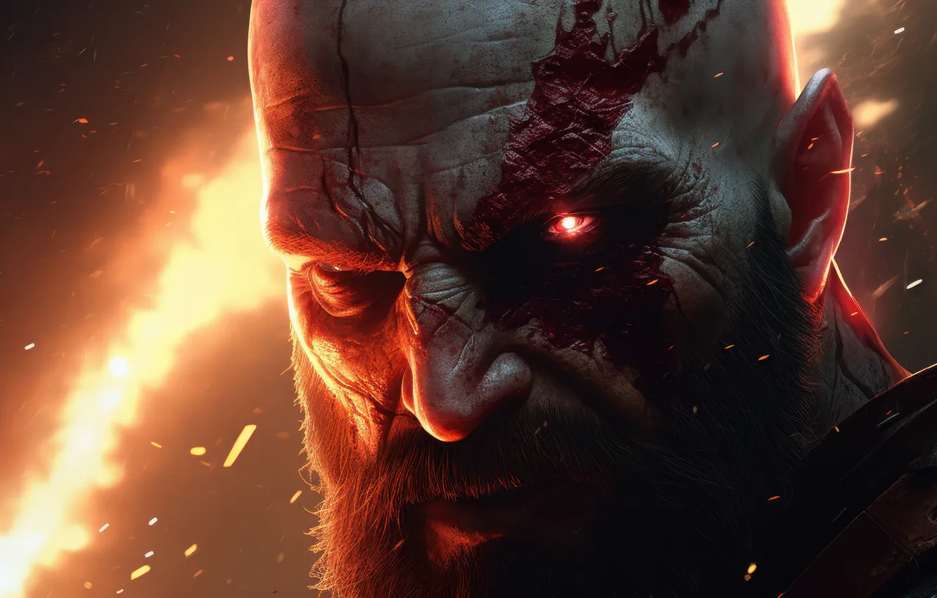 Wallpaper fire, red, god of war, weapon, kratos, sony, red eyes, snow ...