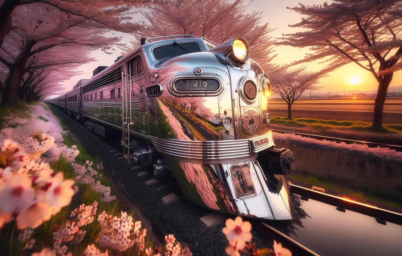 Wallpaper landscape, train, spring for mobile and desktop, section ии ...