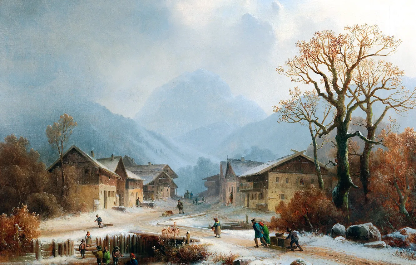 Wallpaper winter, snow, people, home, picture, German painter, Anton ...