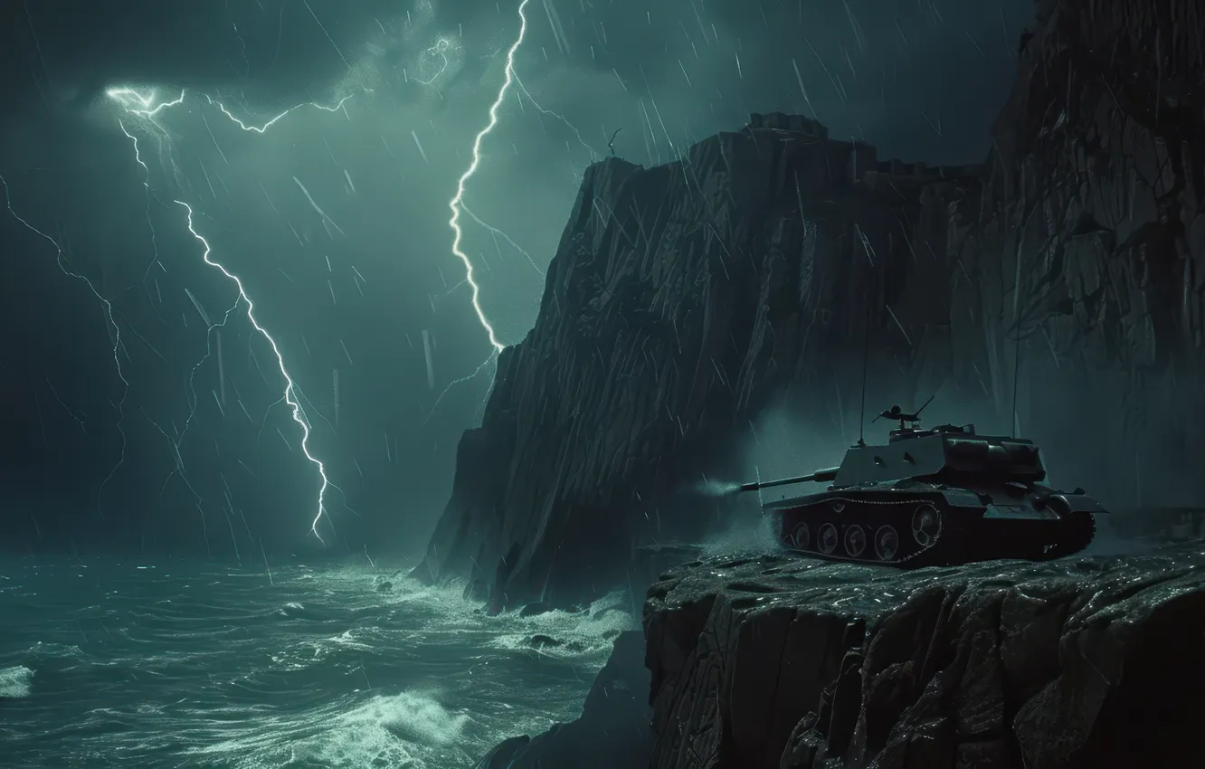 Wallpaper the storm, water, night, rain, rocks, coast, lightning, tank ...