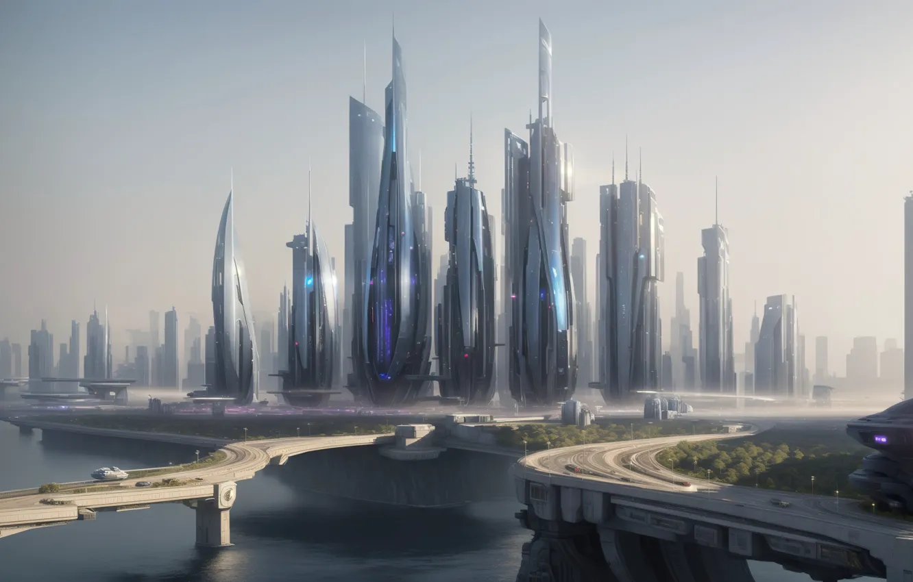 Wallpaper city, river, landscape, art, fantastic, Future, digital art ...