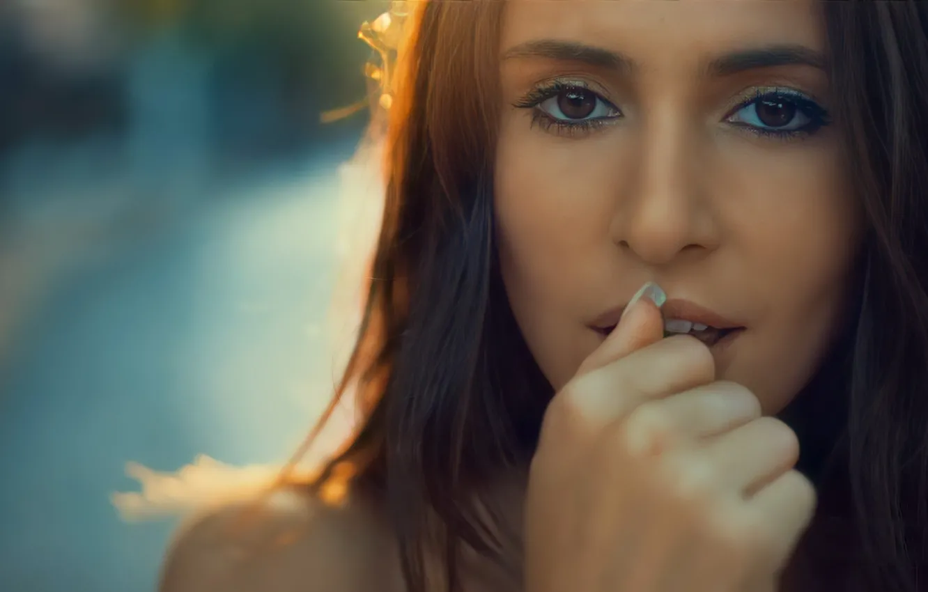 Wallpaper girl, sunset, eyes, model, face, brunette, look, pose for ...