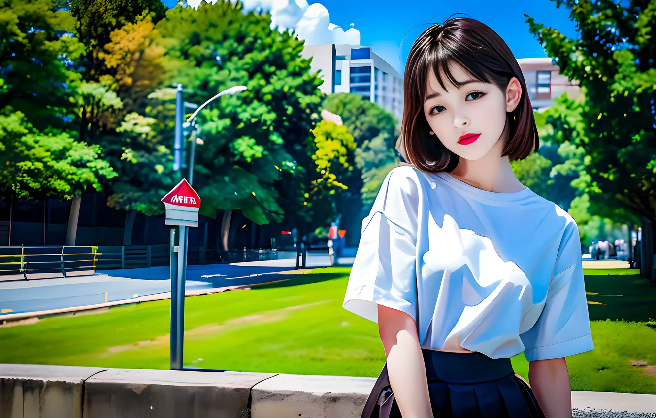 Wallpaper sky, trees, park, short hair, clouds, women, asian, digital ...