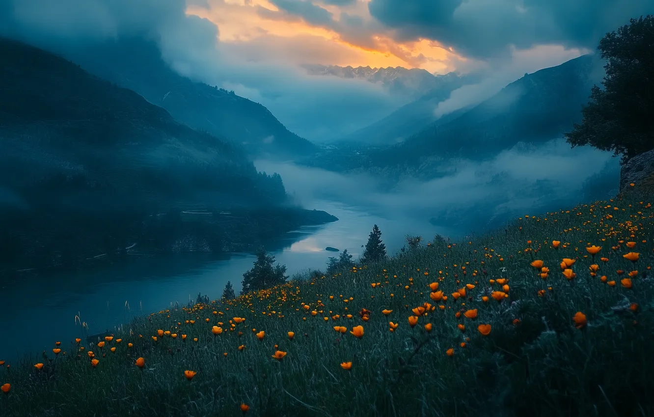 Wallpaper clouds, flowers, mountains, night, fog, river, glade, haze ...