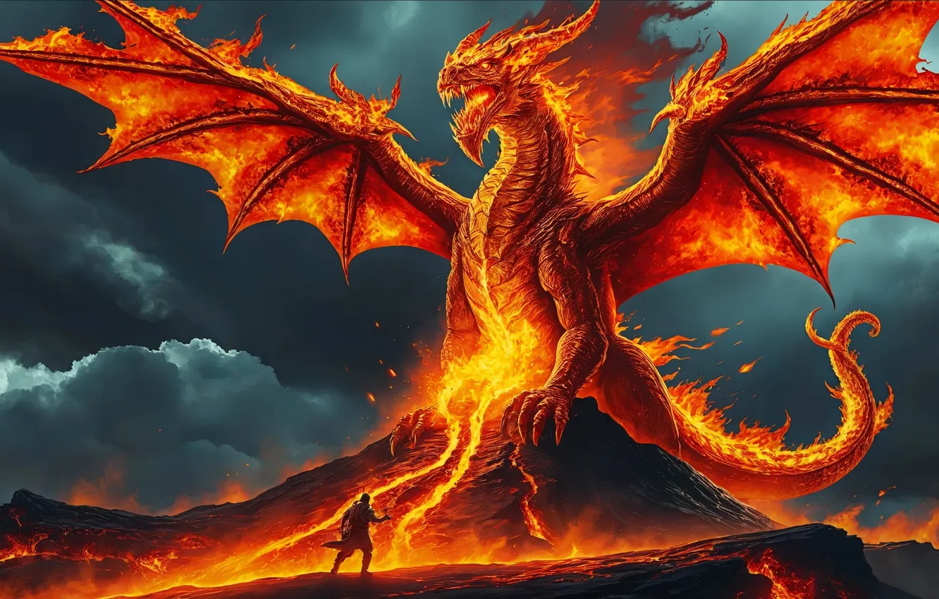 Wallpaper dragon, the volcano, fantasy, Fire dragon for mobile and desktop, section ии арт ...