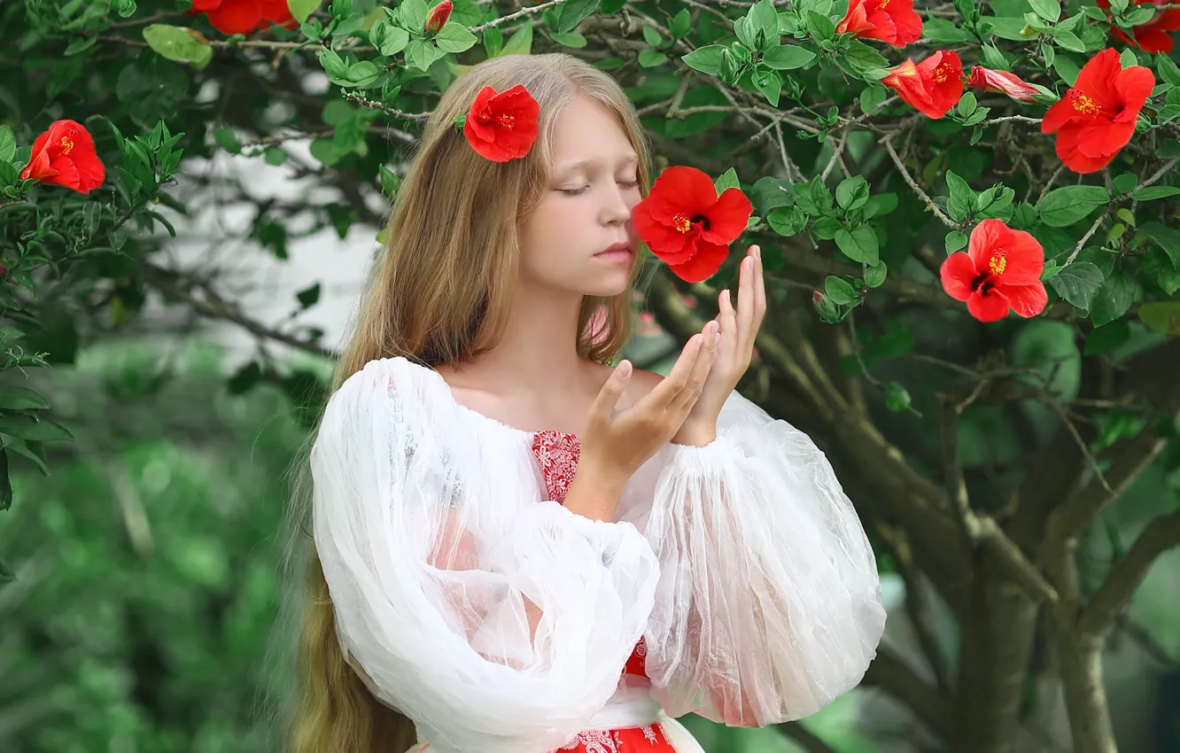 Wallpaper girl, flowers, nature, Bush, dress, hibiscus, Rus, Irina ...