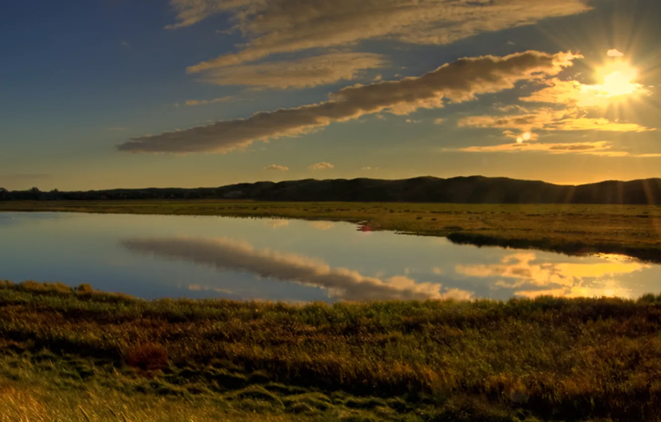 Wallpaper the sky, grass, water, the sun, clouds, lake for mobile and ...