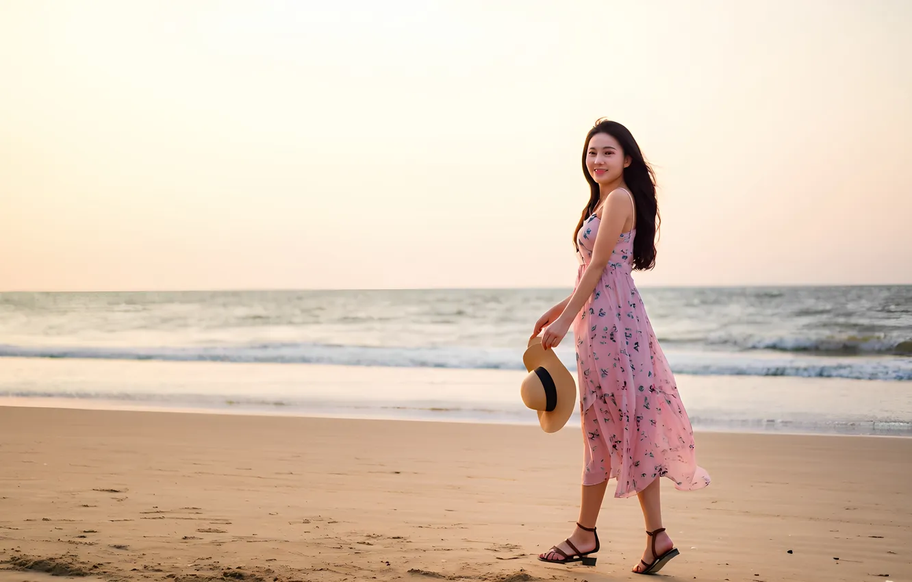 Wallpaper beach, look, girl, Asian, pink dress, Taika for mobile and ...
