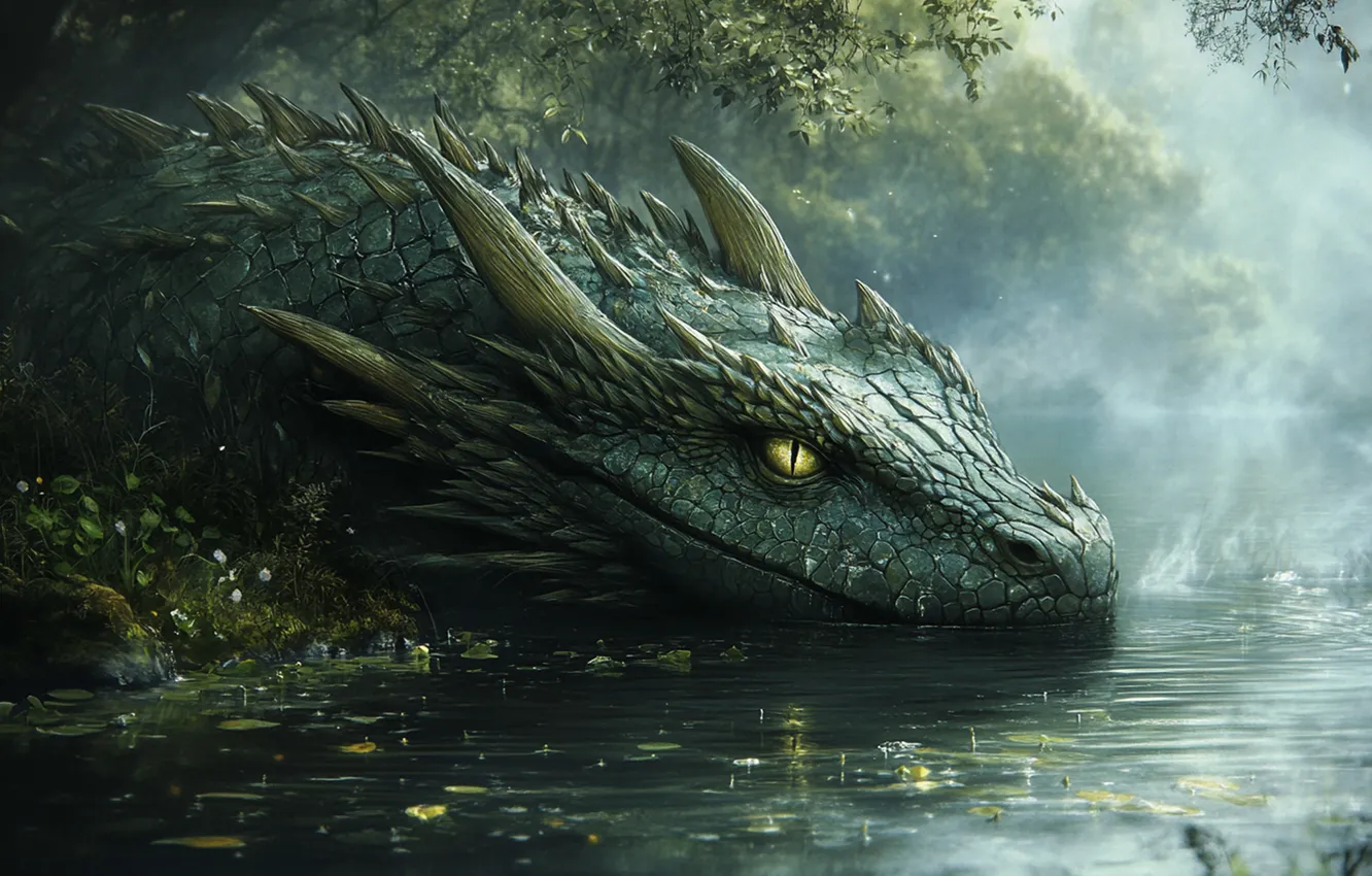 Wallpaper look, face, pose, dragon, fantasy, pond, AI art, neural ...
