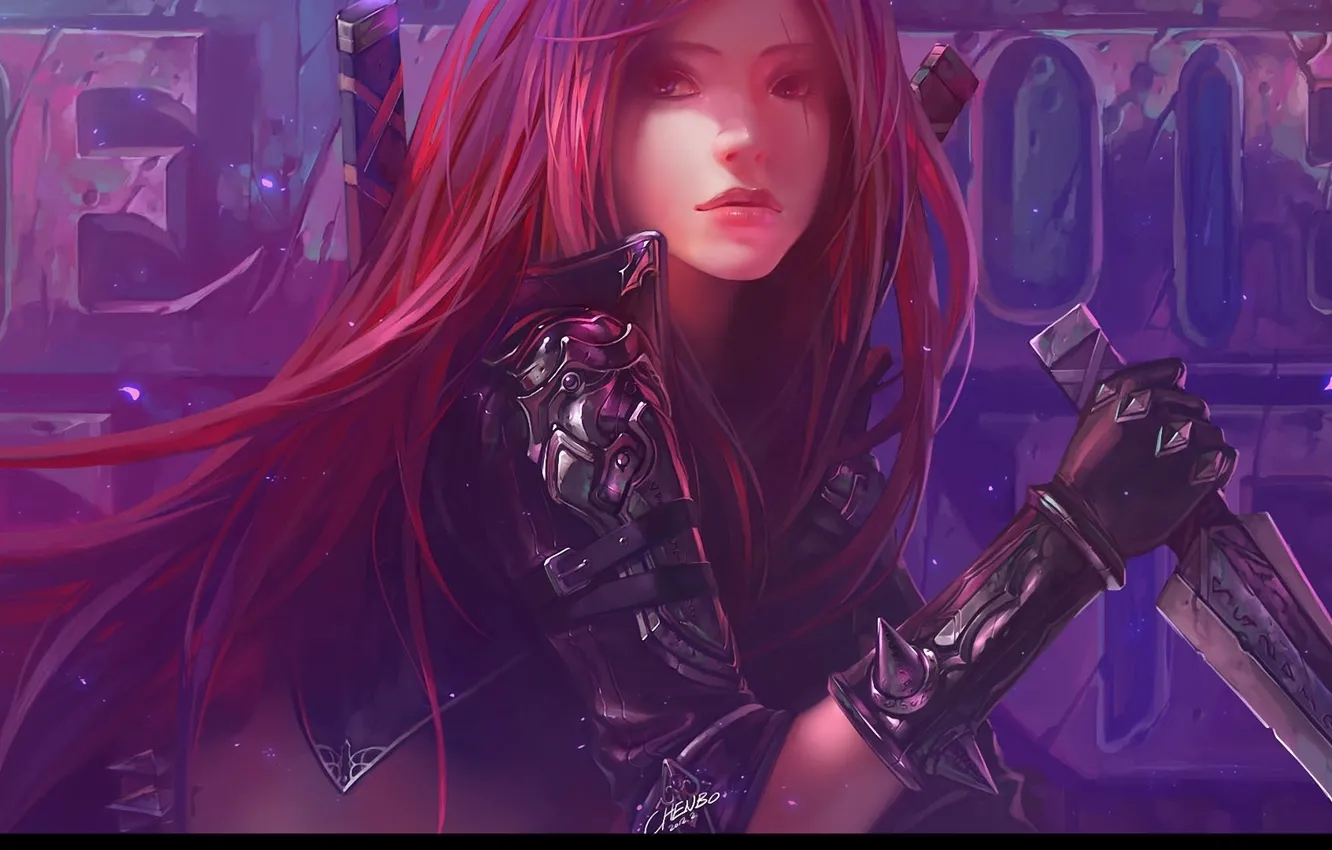 Wallpaper armor, spikes, gloves, dagger, red, scar, long hair, League ...