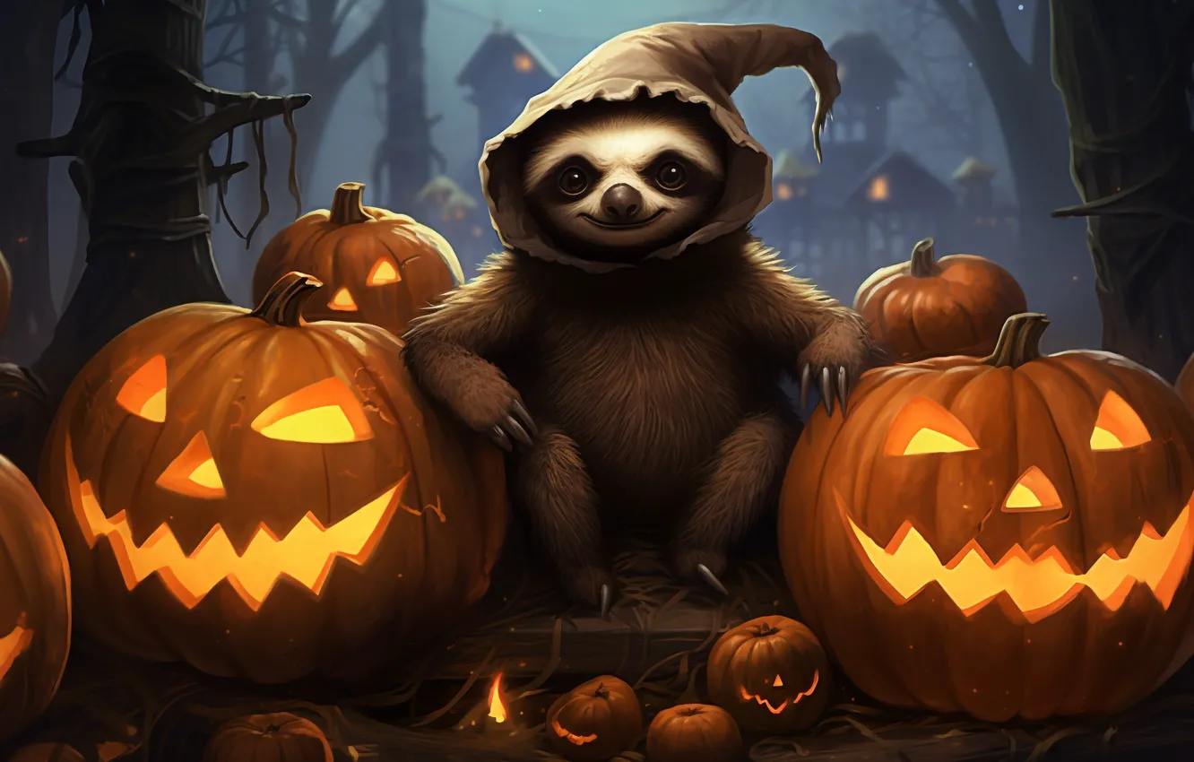 Wallpaper autumn, night, nature, holiday, pumpkin, Halloween, Halloween, sloth for mobile and ...