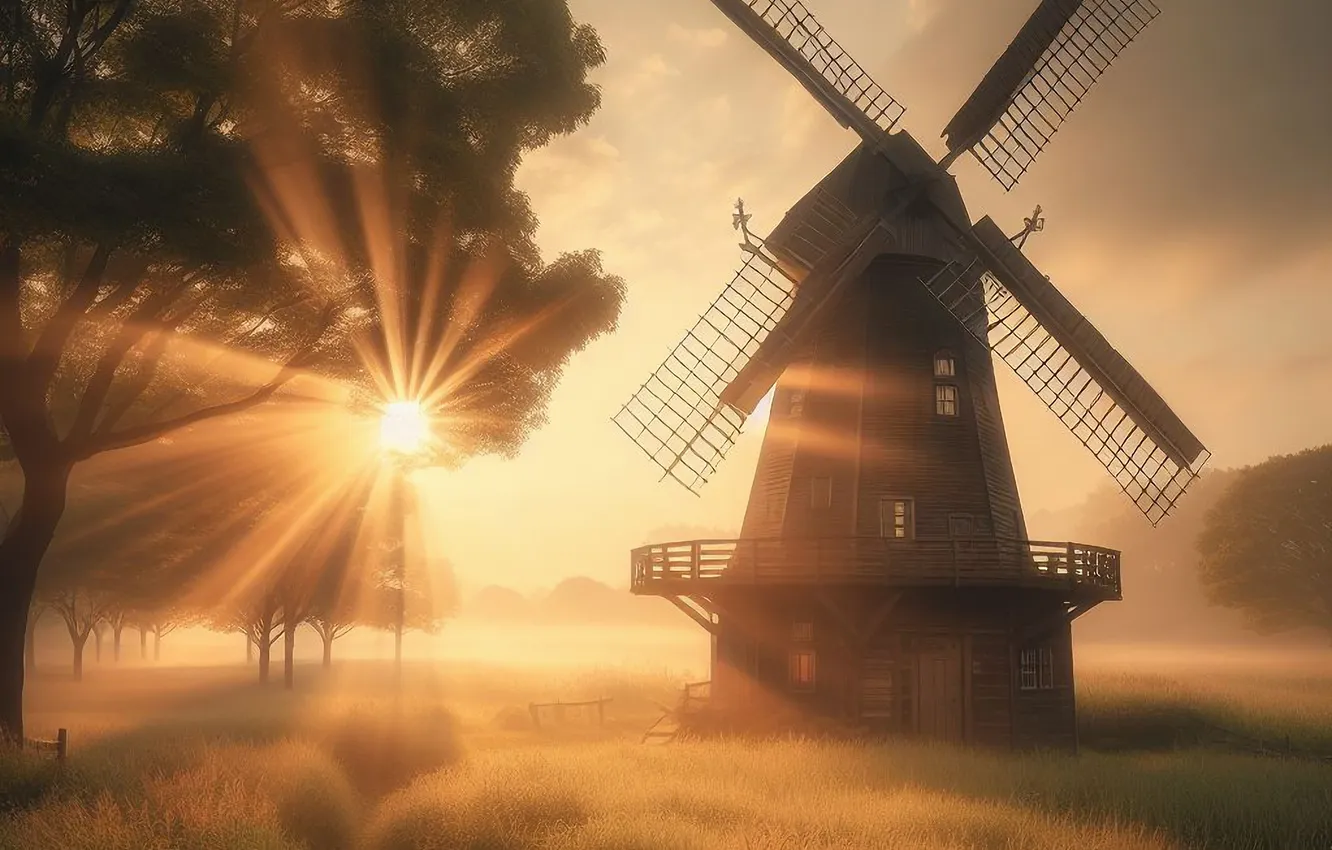 Wallpaper field, the sun, rays, light, tree, dawn, morning, mill for ...