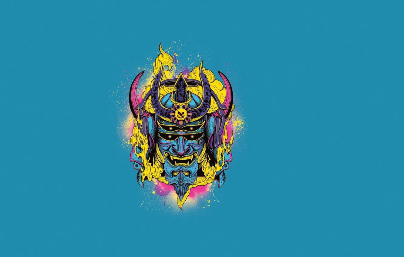 Wallpaper fire, minimalism, the demon, mask, samurai, fangs, turquoise ...