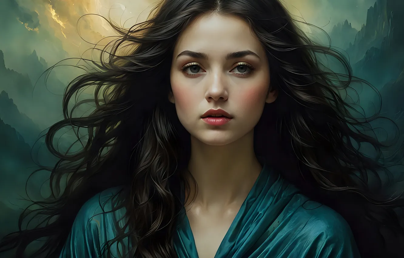 Wallpaper girl, mountains, portrait, brunette, imitation painting, AI art, neural network for ...
