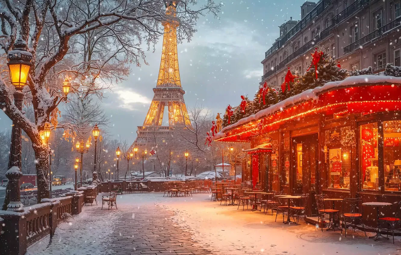 Wallpaper lights, snow, Eiffel Tower, lights Christmas, Paris Coffee ...