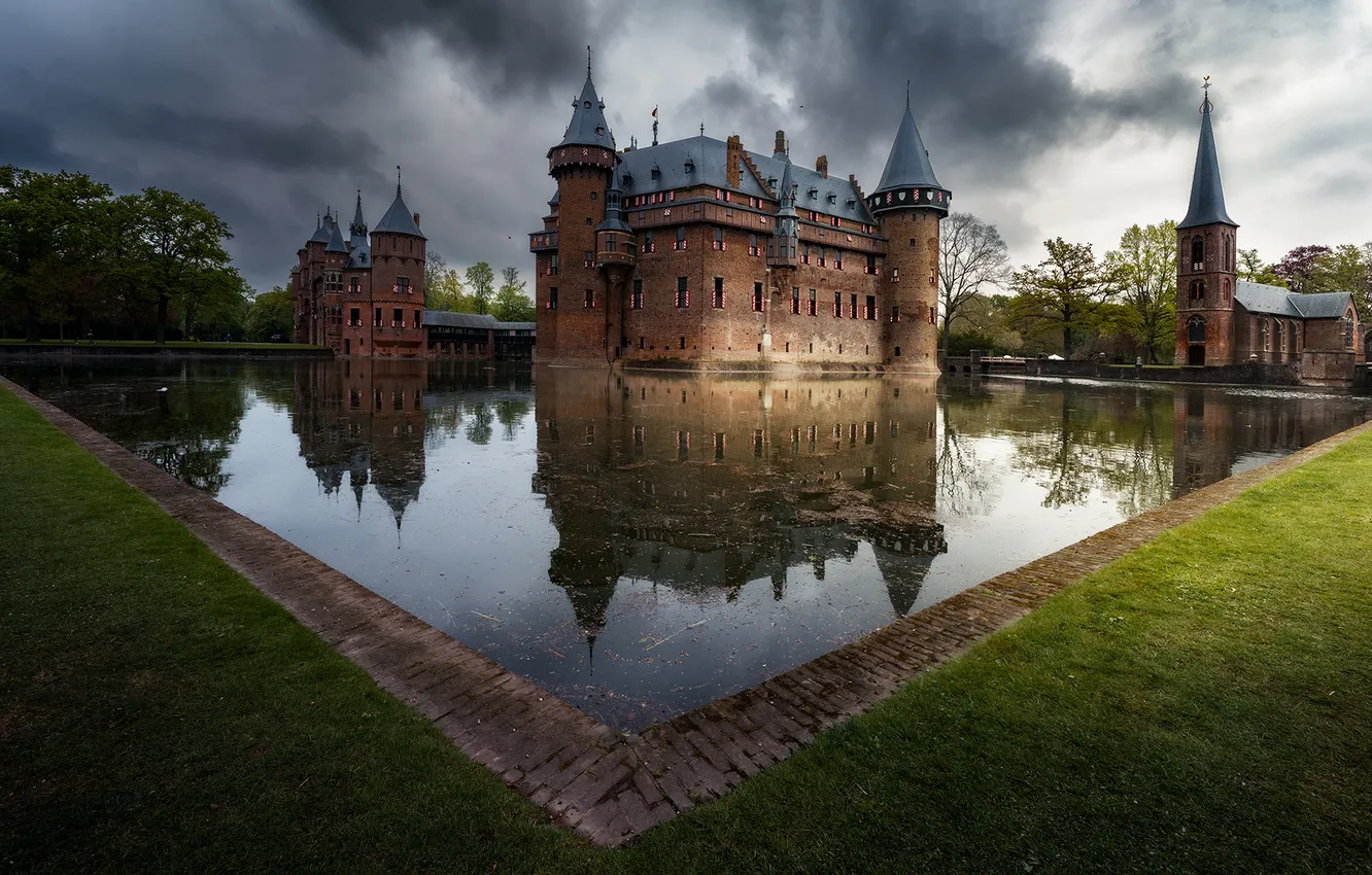 Wallpaper the sky, clouds, reflection, castle, lawn, shore, pond for ...