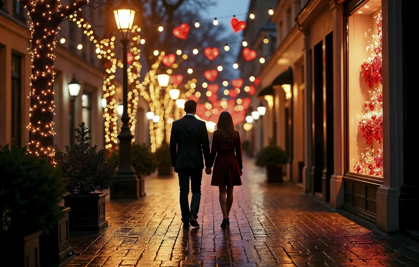 Wallpaper love, lights, street, romance, heart, pair, love, walk for ...