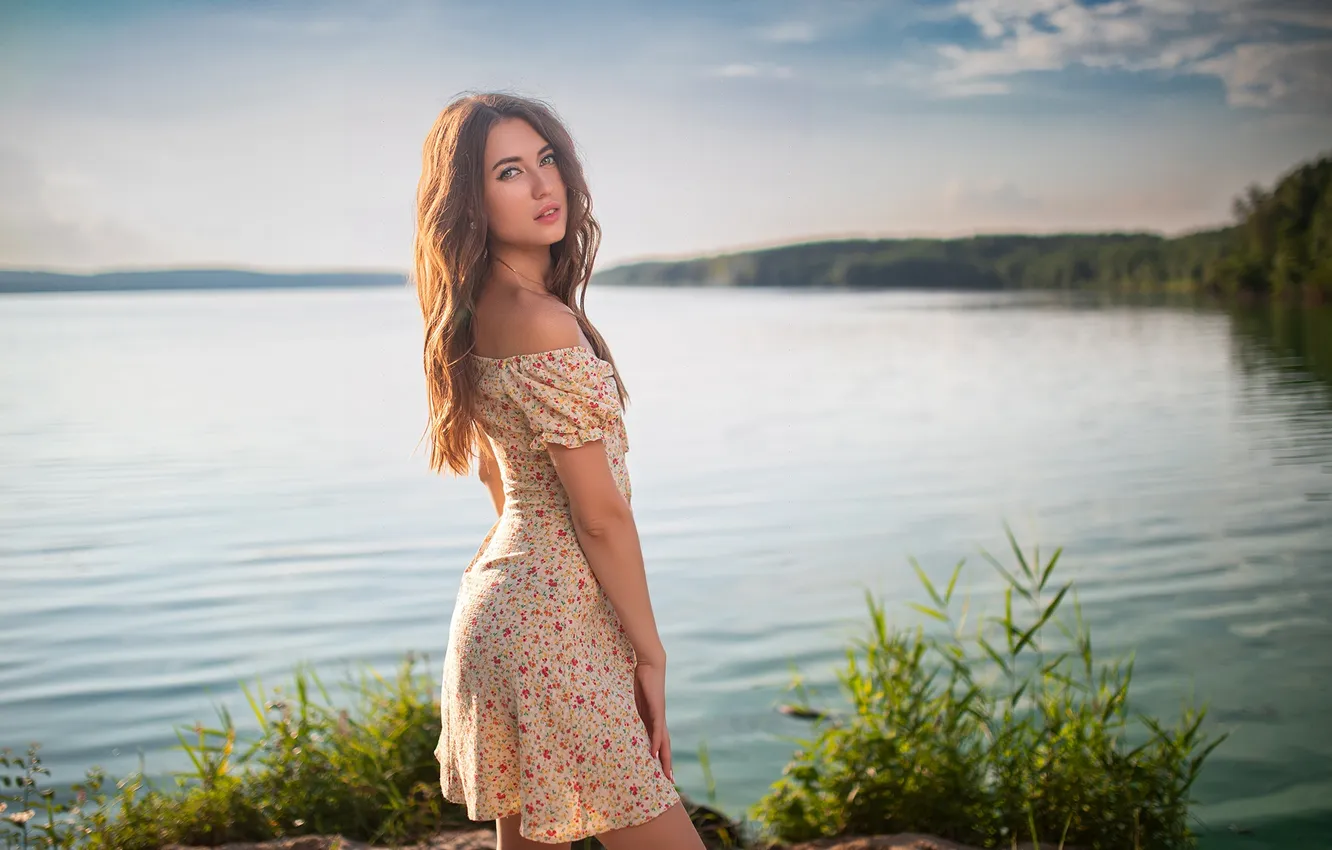Wallpaper girl, sky, nature, water, clouds, lake, model, brunette for ...