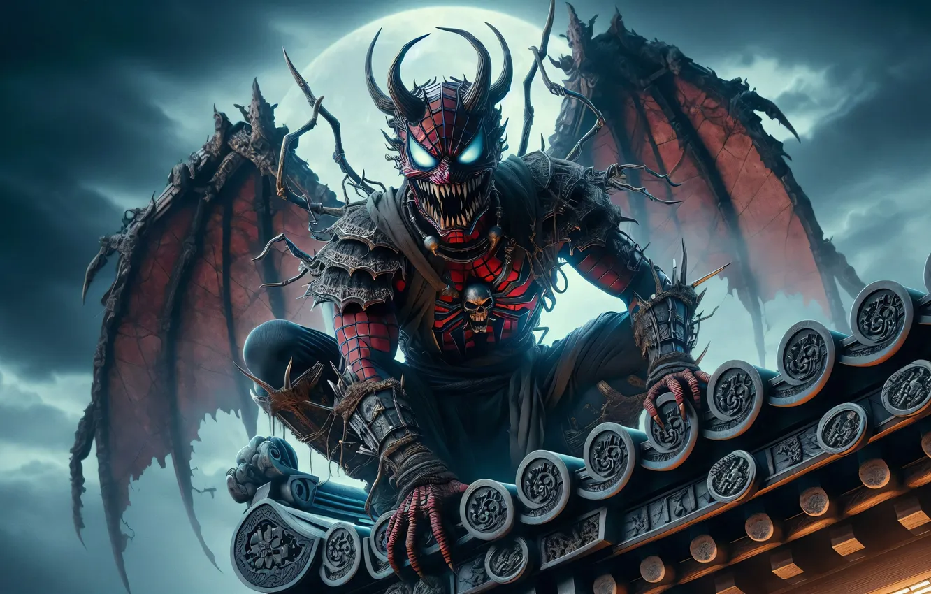 Wallpaper roof, night, the moon, monster, the demon, fantasy, spider ...