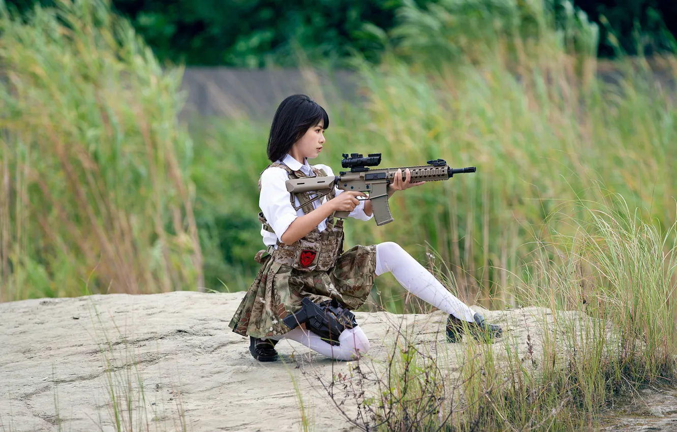 Wallpaper grass, pose, gun, weapons, model, skirt, portrait, makeup for ...