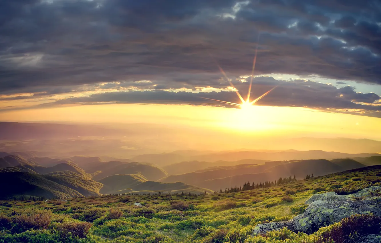 Wallpaper the sky, the sun, clouds, landscape, mountains, dawn ...